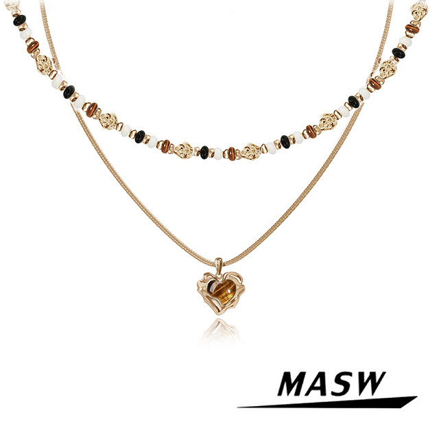 MASW tiger eye stone necklace Meirad stack wearing clavicle chain