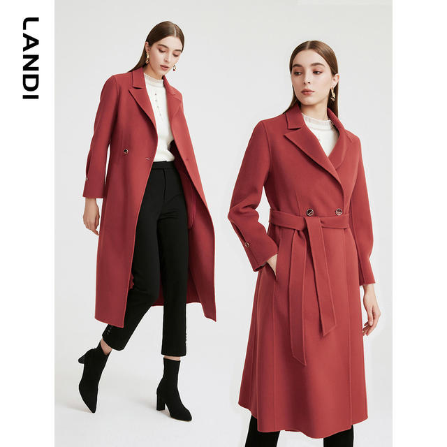 LANDI winter new style lapel lace-up waist mid-length wool coat women's ...