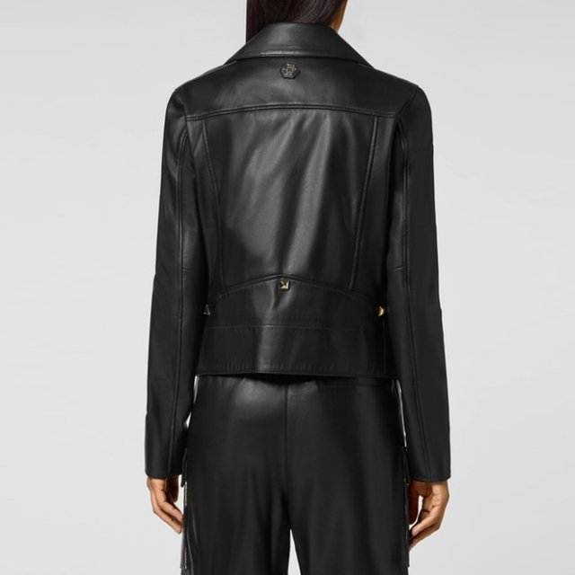 PHILIPP PLEIN Women's Riveted Leather Motorcycle Jacket Autumn and Winter