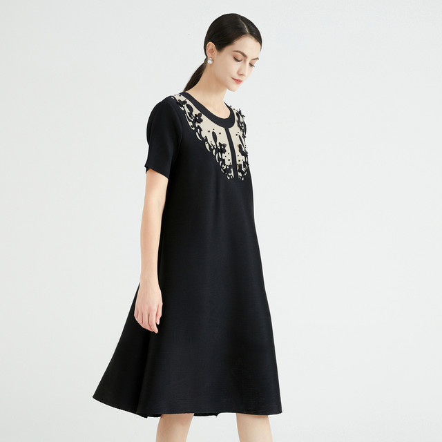 Ma Tiannu Spring and Autumn New Solid Color Round Neck Printed Pleated ...