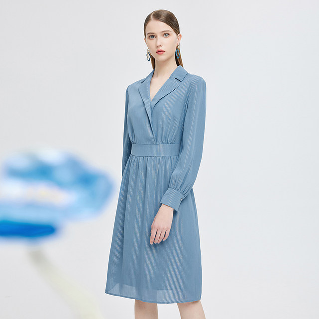 Authentic Ma Tiannu girl autumn and winter blue suit collar dress with ...