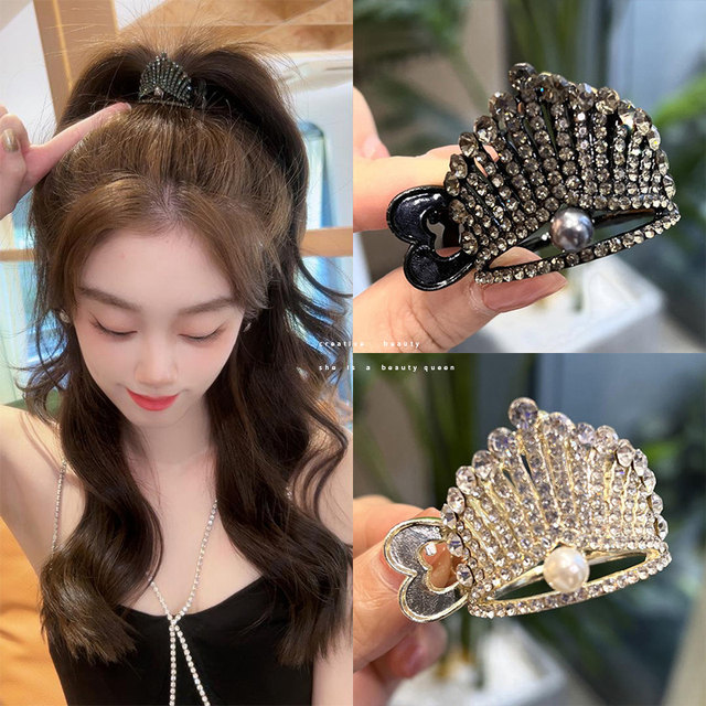 Rhinestone crown hairpin for women with high ponytail, fixed grabber ...