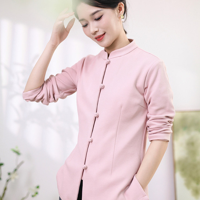 Chinese style retro tandem button Tang suit mid-length stand-up collar ...