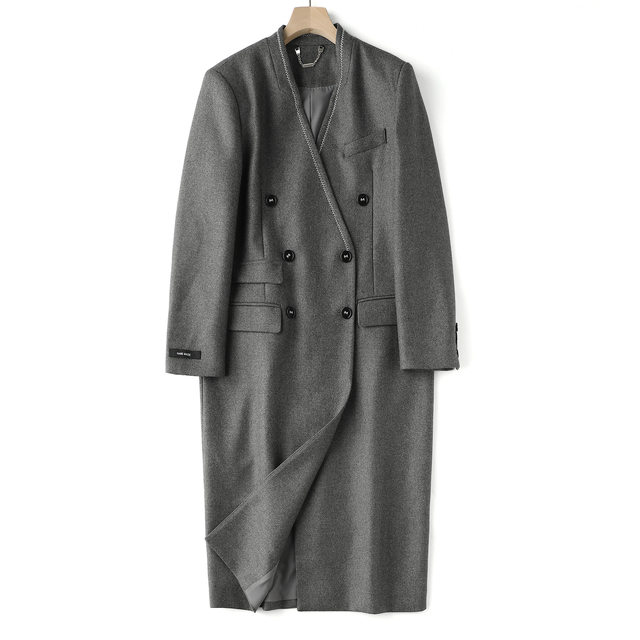 Twill high count worsted wool long suit coat collarless triangle stitch ...