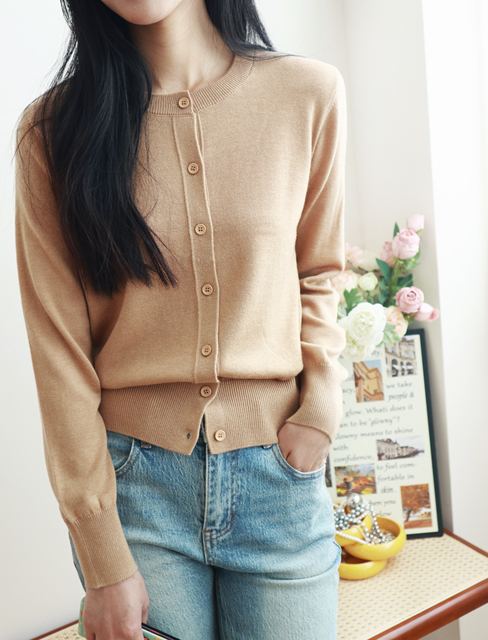 Threaded round neck short knitted cardigan for women thin wool sweater ...