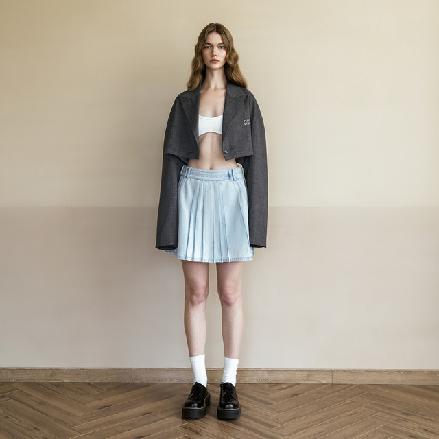 PUKI detachable plaid suit suit short suit jacket American retro ...