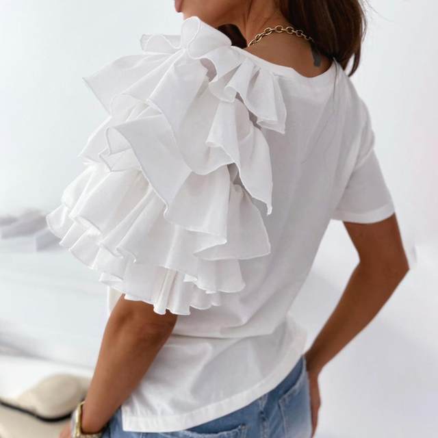 Multi-layered ruffled short-sleeved T-shirtMulti-layered ruffled short ...