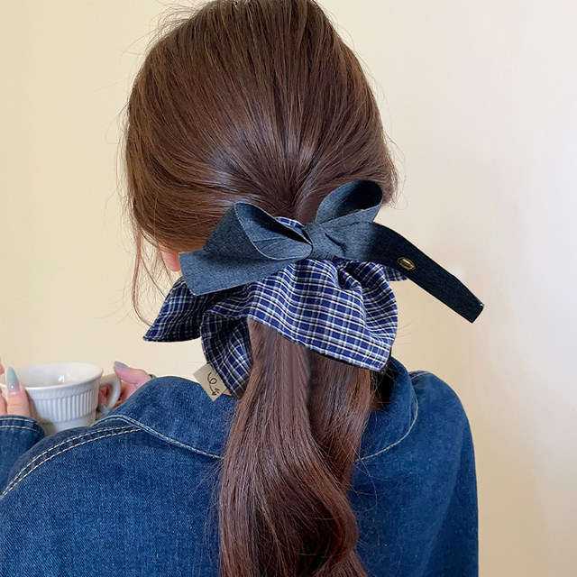 Korean denim plaid square scarf large intestine hair ring 2025 new ...