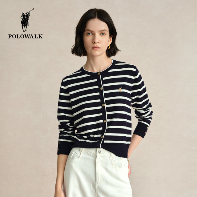 POLOWALK Women's Sweater Jacket Autumn and Winter Simple Striped ...