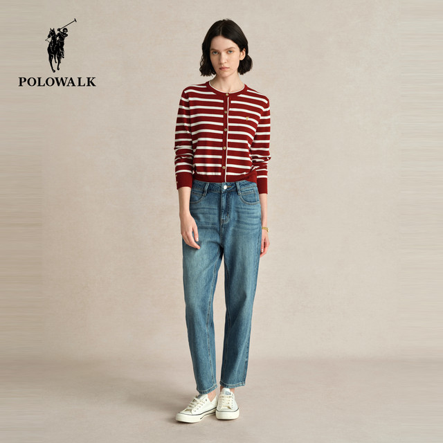 POLOWALK Women's Sweater Jacket Autumn and Winter Simple Striped ...