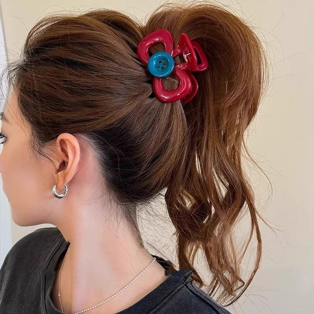 Retro burgundy clip women's 2025 new button shark clips with small hair ...