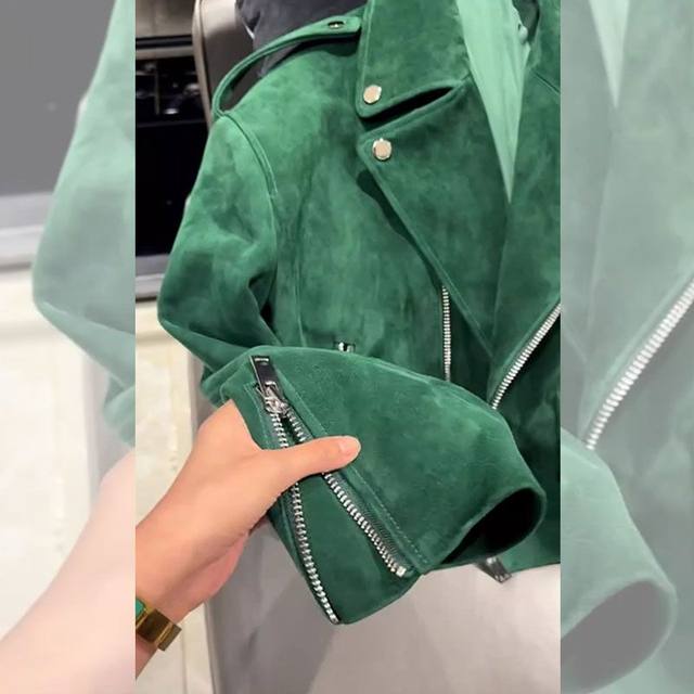 2024 autumn and winter new retro green arcade motorcycle style leather ...