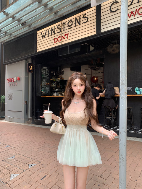 Your lazy ln two -color mesh yarn lace lean dress female 2024 summer new model