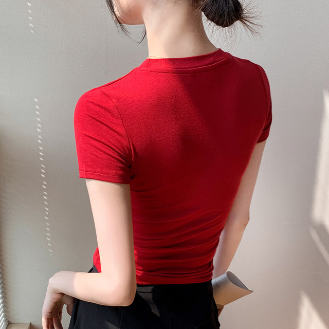 White short-sleeved T-shirt for women 2025 spring slim right shoulder round neck half sleeve ...