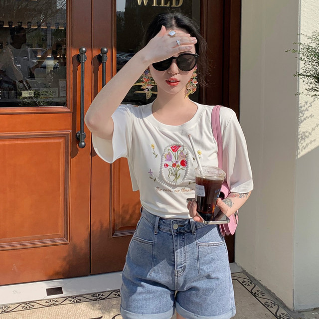 Lujin homemade No rain no flower slim top pure erotic T-shirt short loose women's summer