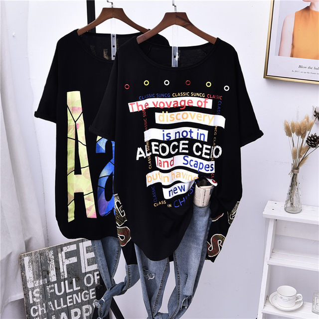 2024 new Korean mid -length loose short -sleeved T -shirt women's net ...