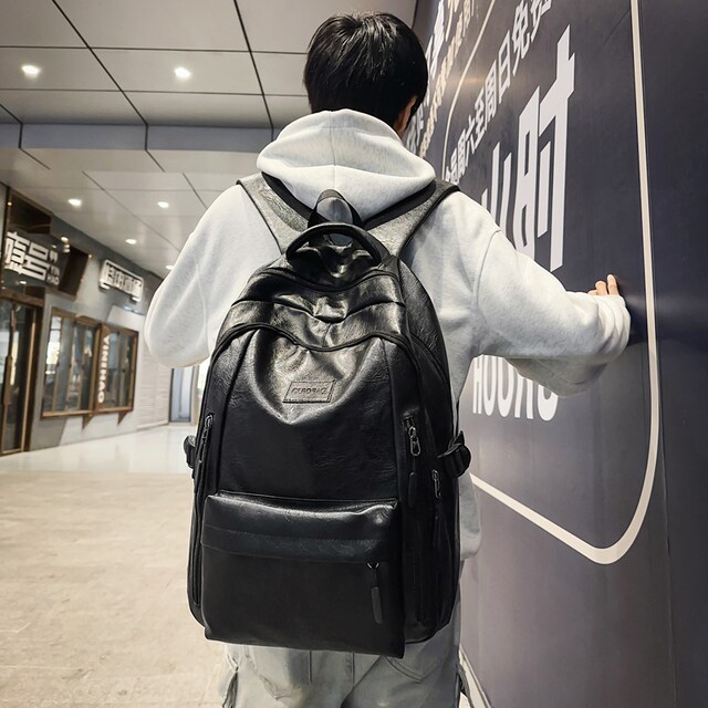 Trendy cool PU leather texture backpack male student school bag outdoor ...