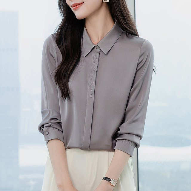 Hengyuanxiang mulberry silk solid color shirt for women in summer thin drooping commuting shirt ...