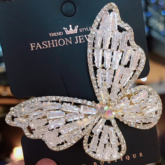 Zircon Full Diamond White Crystal Big Butterfly Spring Clip Hair Clip ...