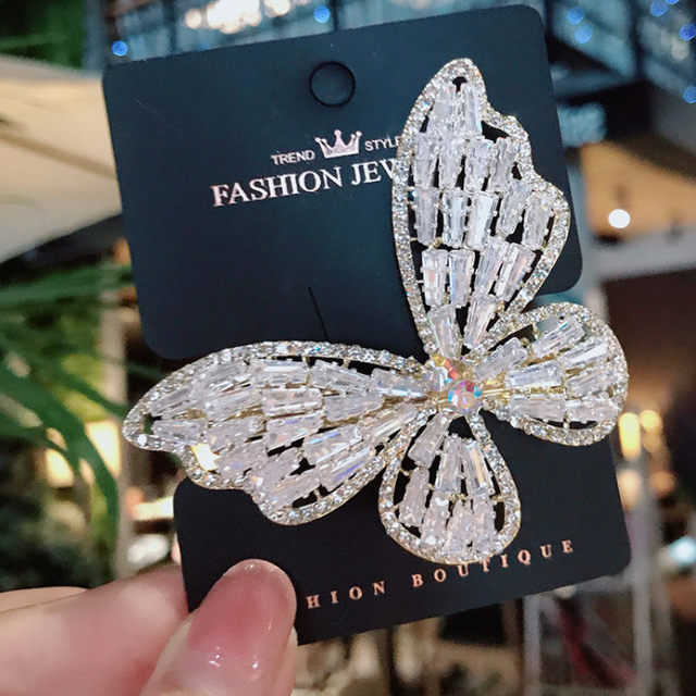 Zircon Full Diamond White Crystal Big Butterfly Spring Clip Hair Clip ...