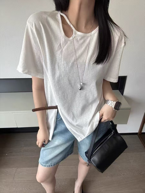 Mocha dan summer 25 new versatile loose hem slit short-sleeved T ...
