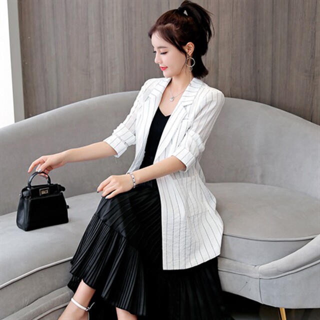 Chic striped seven -point sleeve small suits outer sleeve women medium ...