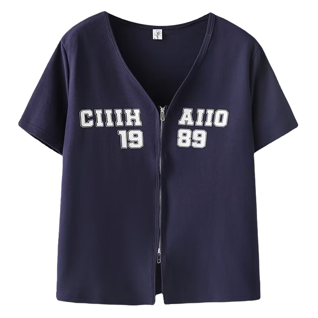 Large size double zipper short-sleeved T-shirt for women in summer ...