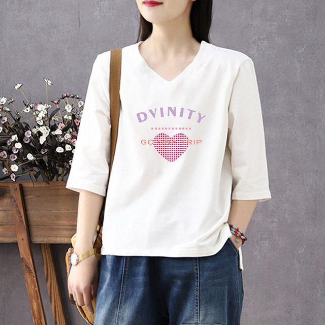 Pure cotton good goods V -shaped collar seven -point sleeve T -shirt ...