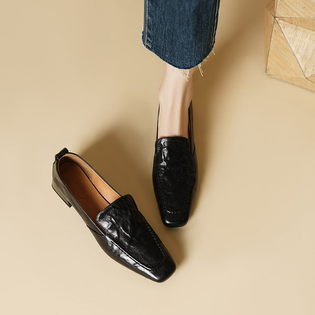 British style retro small leather shoes for women square toe thick heel ...