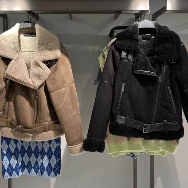 Thickened suede fur integrated lamb fur motorcycle jacket for women 6318232