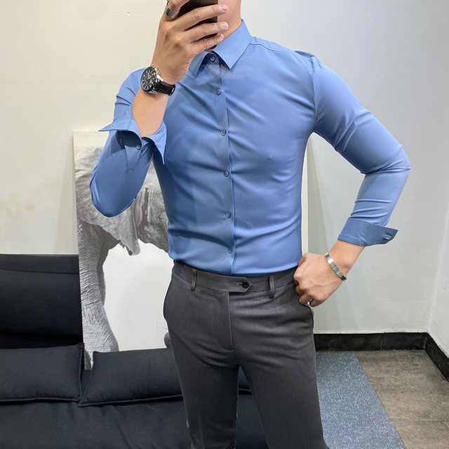 Men's spring new versatile shirt long -sleeved slim -fitting trendy ...