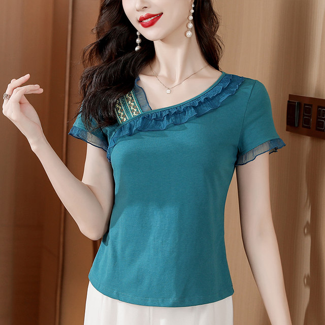 New Chinese V-neck pure cotton T-shirt women's short-sleeved summer new ...