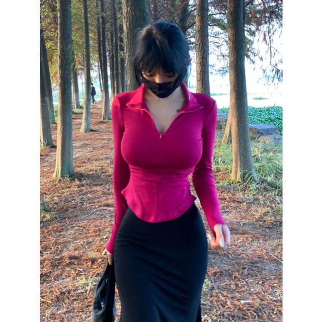 Rose Red Yoga Fitness Sports Jacket Women's Autumn Slim Elastic Stand ...