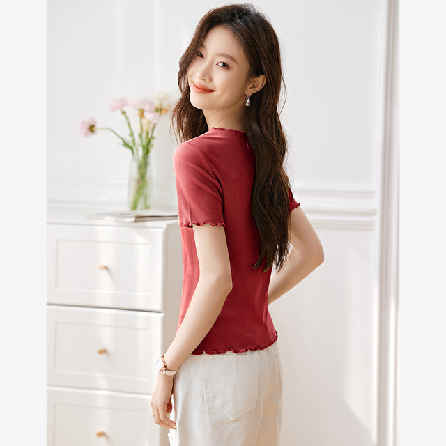 Mohan Yimei basic design sense wood ear short-sleeved T-shirt 2025 ...