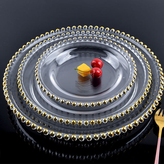 European gold-rimmed glass bead plate, pearl plate, Western-style gold ...