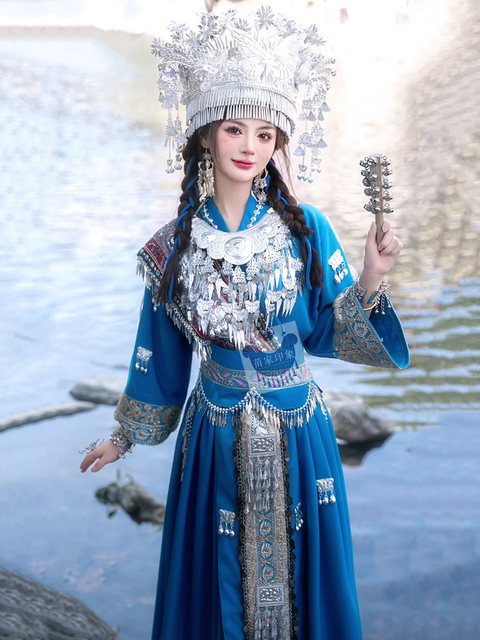 Blue Miao costume female Miao Xinjiang girl Tujia Miao village ethnic ...