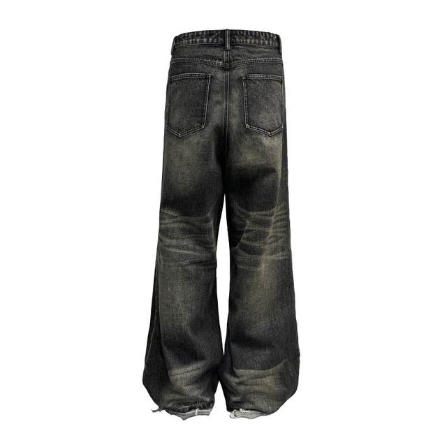 JCAESAR DENIMS Low-crotch stitching jeans Retro color fallen natural cat whiskers Removal feet ...