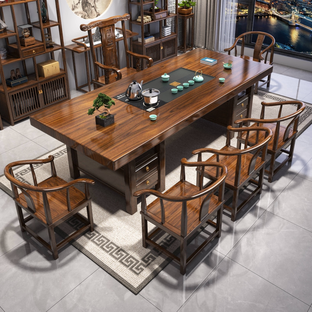 High-end large solid wood tea table and chair combination one table and ...