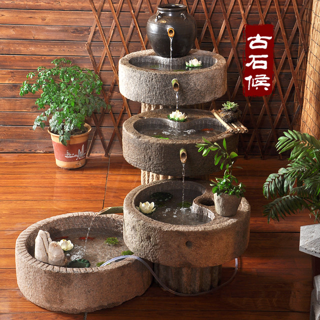 Old stone trough fish tank flowing water combination landscape ...