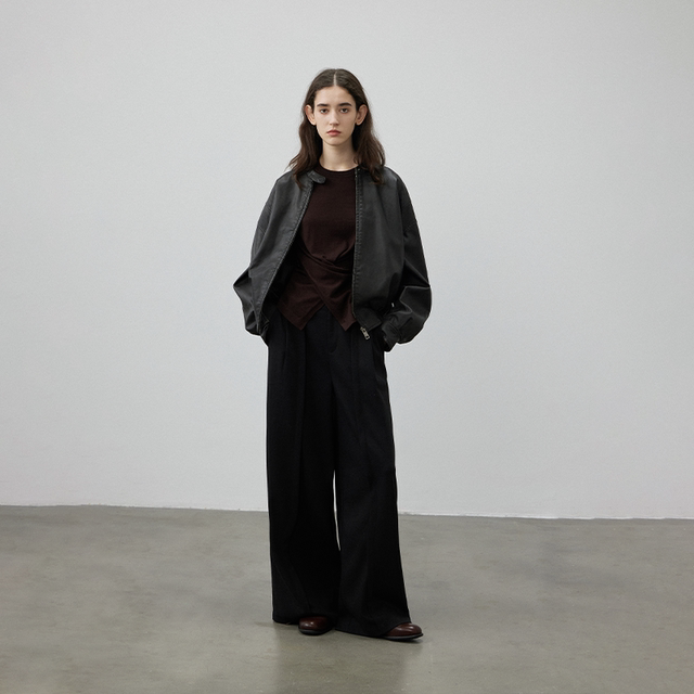 SONDERS Retro short zippered matte windproof leather jacket with design ...