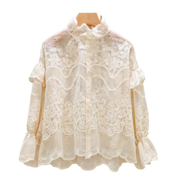 Sweet girl lace shirt top for women 2025 spring new lace stand collar ...