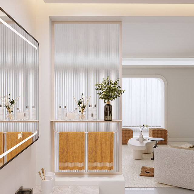 Light luxury creamy bathroom half wall screen long rainbow water ...