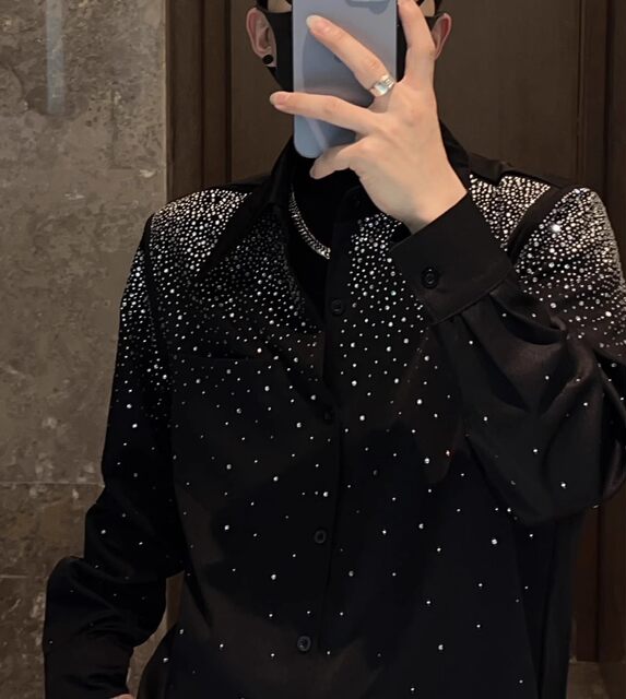 High-end iron-on diamond shirt men's long-sleeved spring and summer new ...