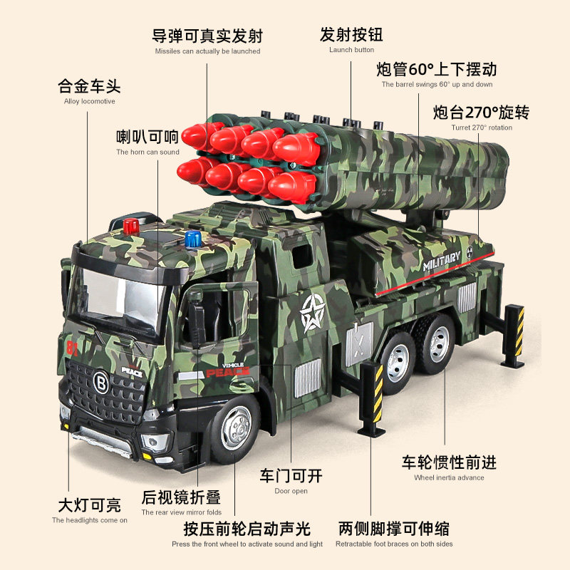 Boy Alloy Missile Launch Toy Car | Large Military Model Rocket Launcher