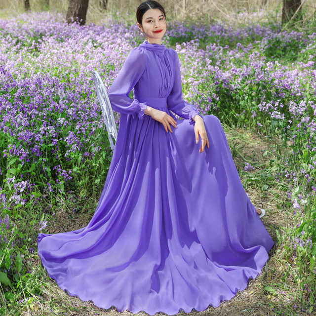 Retro round neck long sleeve violet streamer dress for women on the ...