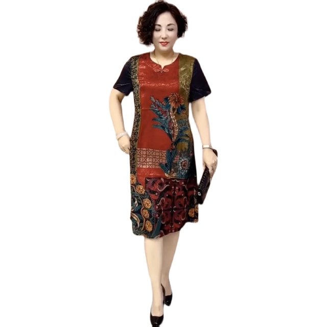 Summer new short -sleeved mother real silk dress in the elderly ...