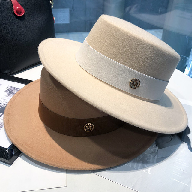 Hepburn wind hat female British retro M standard white flat top hat ...