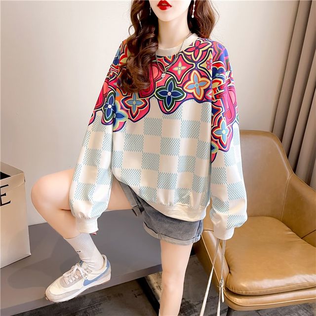 New printed color-blocking long-sleeved pullover sweatshirt for women 2025 spring and autumn new ...