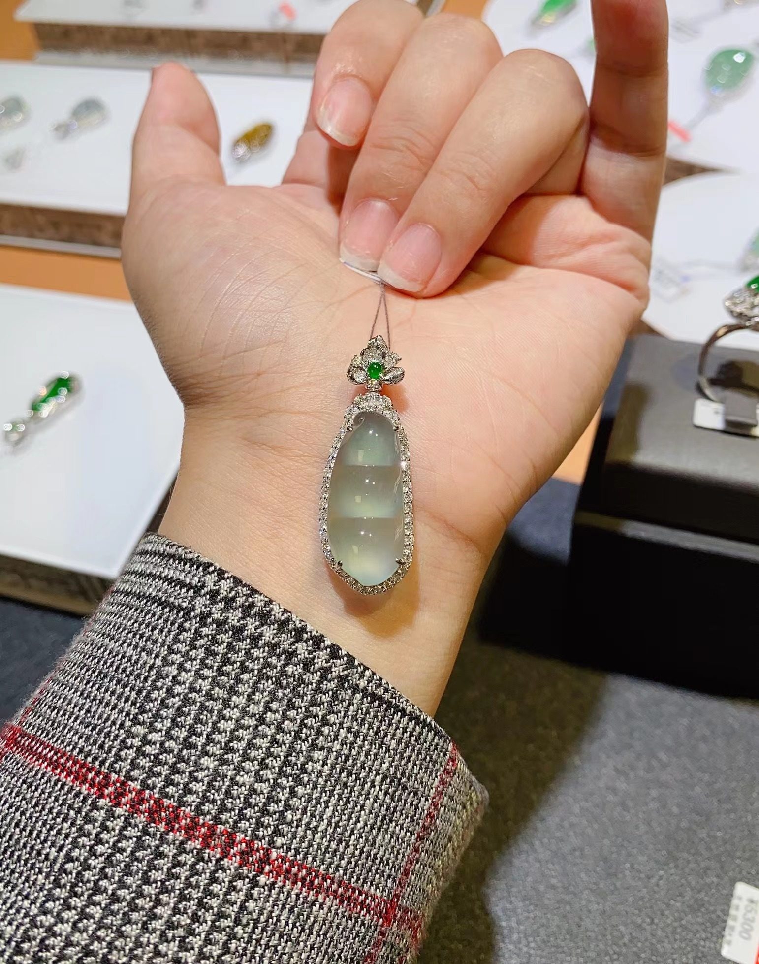 Natural Burmese Emerald with Diamonds - 18K Gold Minimalist Carved Leaves
