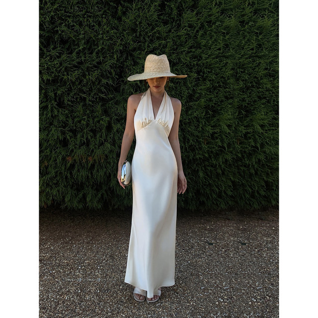 NEVA HU high-end satin v-neck halter neck dress for women black French ...